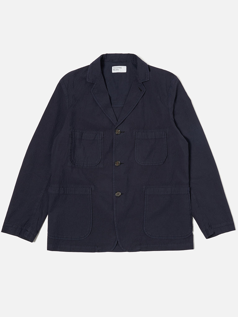 Universal Works Five Pocket Jacket in Navy Seersucker – Maze